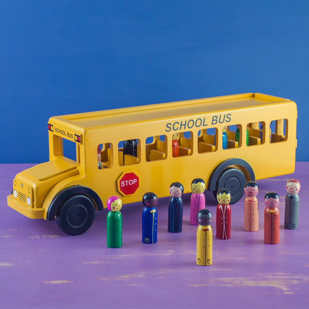 Wooden Toy Yellow School Bus with Children Zee Bee Market LLC