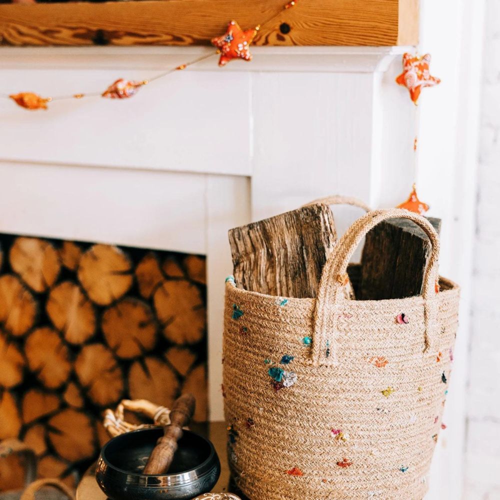 Jute and Sari Bits Basket with Handles – Zee Bee Market LLC